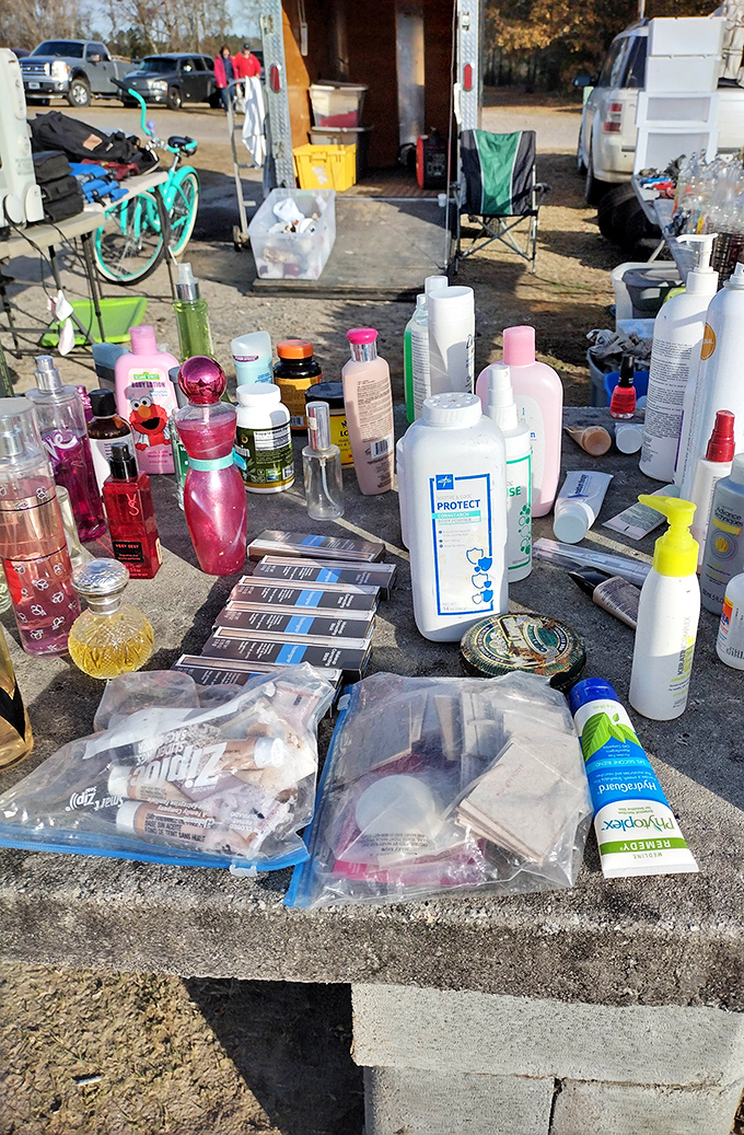 Beauty products and toiletries create an impromptu pharmacy on cinder blocks. Marie Kondo might faint, but bargain hunters feel only joy.