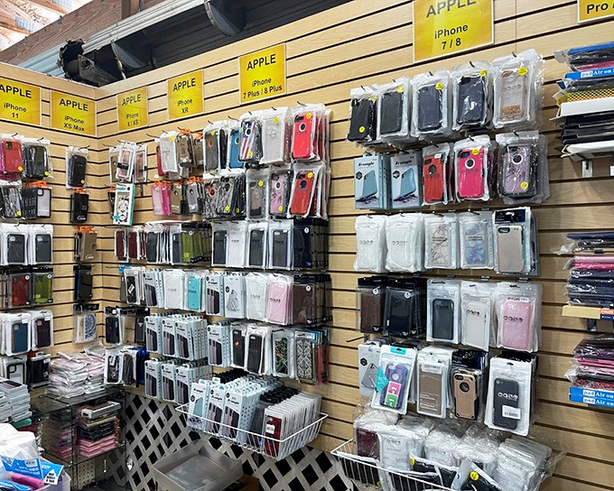 Apple accessories galore! The wall of phone protection options makes you wonder if your naked iPhone is feeling terribly exposed and vulnerable right now.
