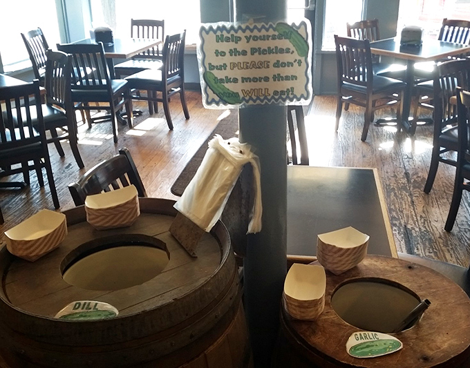 The pickle barrels &ndash; where the sign politely reminds you that pickle greed is the one deadly sin they actually enforce.
