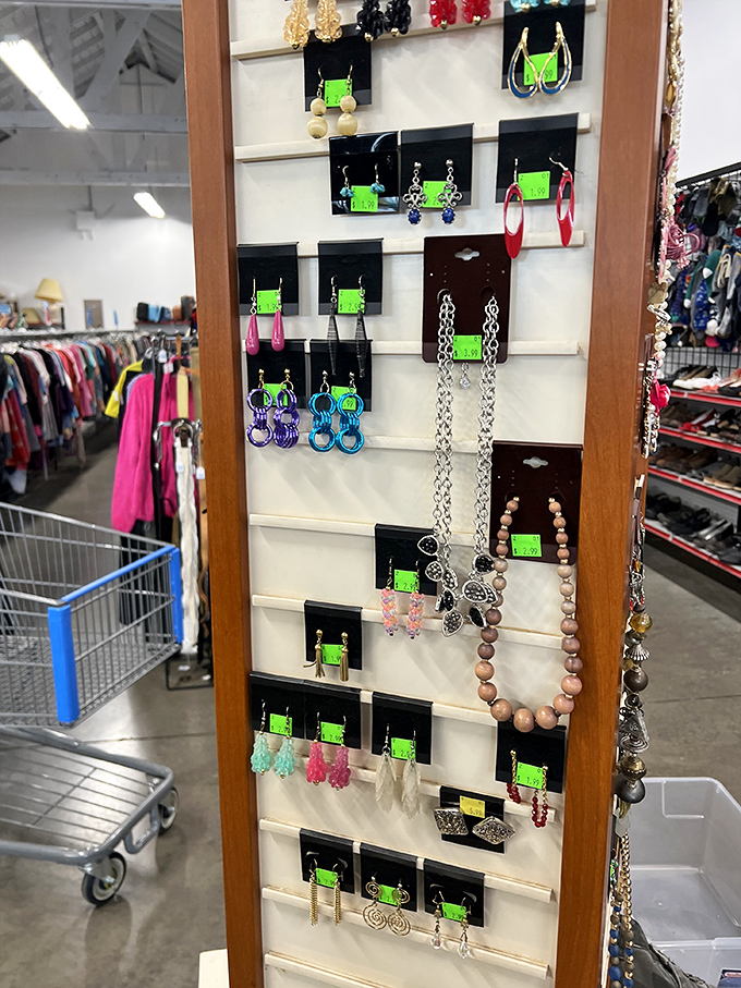 The jewelry display showcases colorful earrings, necklaces, and bracelets&mdash;affordable accessories waiting to become statement pieces.