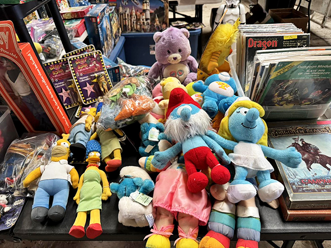 Stuffed animals huddle together like old friends at a reunion, waiting for new homes where they'll be the star of some child's imagination.