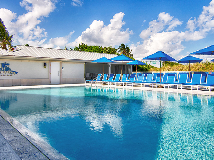 The pool beckons with that impossible blue that seems to exist only in Florida and fancy travel magazines, promising refreshment just steps from the sand.
