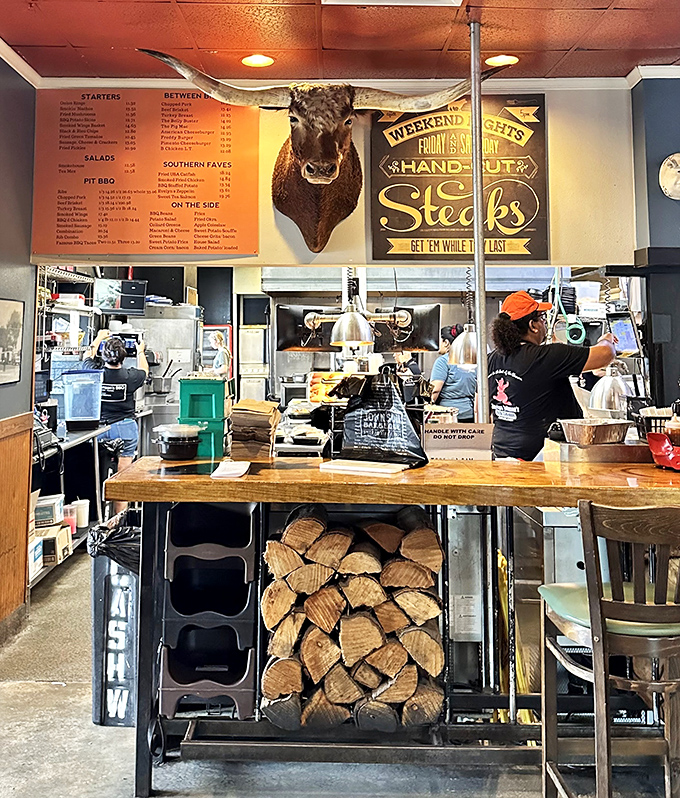 Where the magic happens&mdash;complete with mounted buffalo head supervisor keeping watch over quality control.