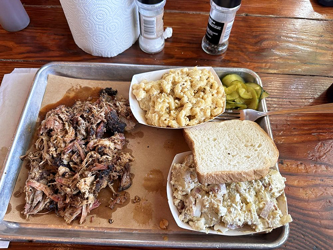 A metal tray that holds more happiness than most people's entire kitchens. The pulled pork is practically winking at you.