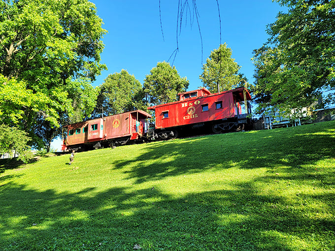 Historic railroad cars remind visitors of the town's transportation heritage and America's golden age of travel.