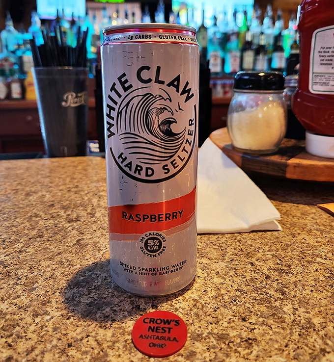 Even the beverages get special treatment here, with White Claw sitting atop the bar alongside a custom coaster&mdash;because details matter in hospitality.