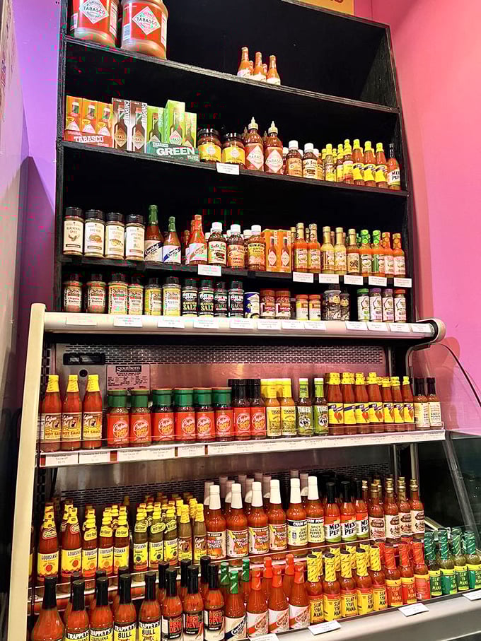 Hot sauce heaven! A wall of liquid fire where Louisiana meets California. Decision paralysis never tasted so good. 
