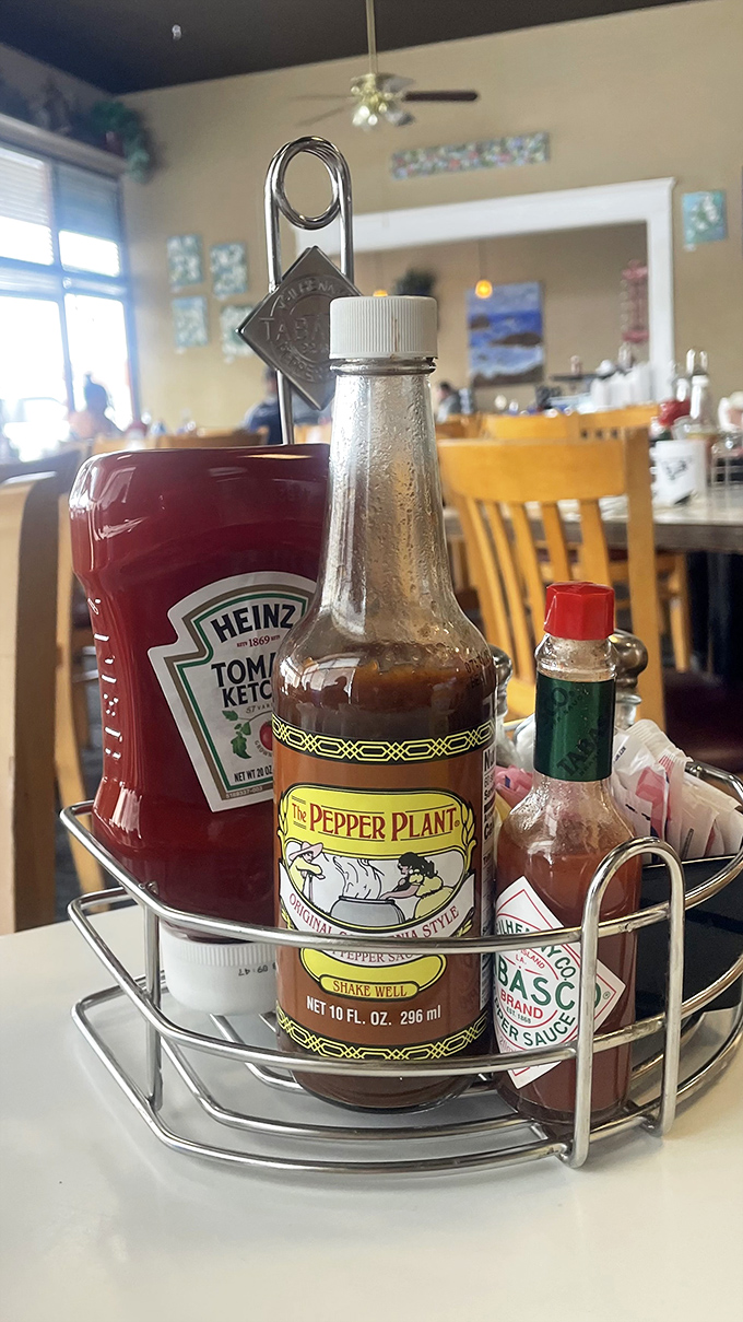 The condiment caddy - unsung hero of breakfast enhancement. That Pepper Plant sauce might change your life, or at least your eggs.