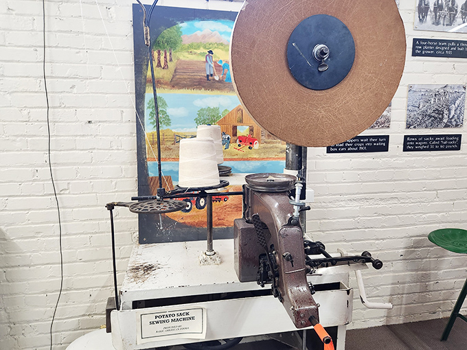 The potato sack sewing machine&mdash;because even potatoes deserve stylish outfits before heading to market. Fashion meets function in agricultural history.