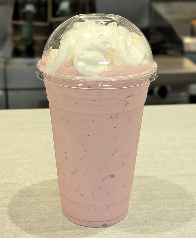 A strawberry shake that bridges the gap between dessert and beverage &ndash; the kind of pink cloud that makes adults remember why being a kid was so great.