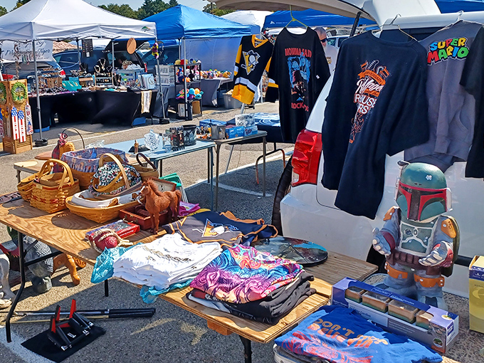 Vintage shirts and clothing racks where polyester goes to find its second act in life.
