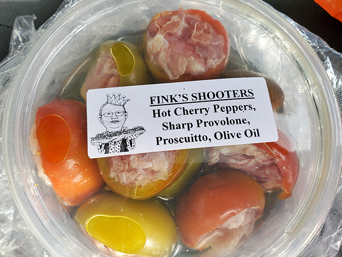 Fink's Shooters: Hot cherry peppers stuffed with prosciutto and sharp provolone&mdash;tiny flavor grenades that explode with a perfect balance of heat, salt, and tang.