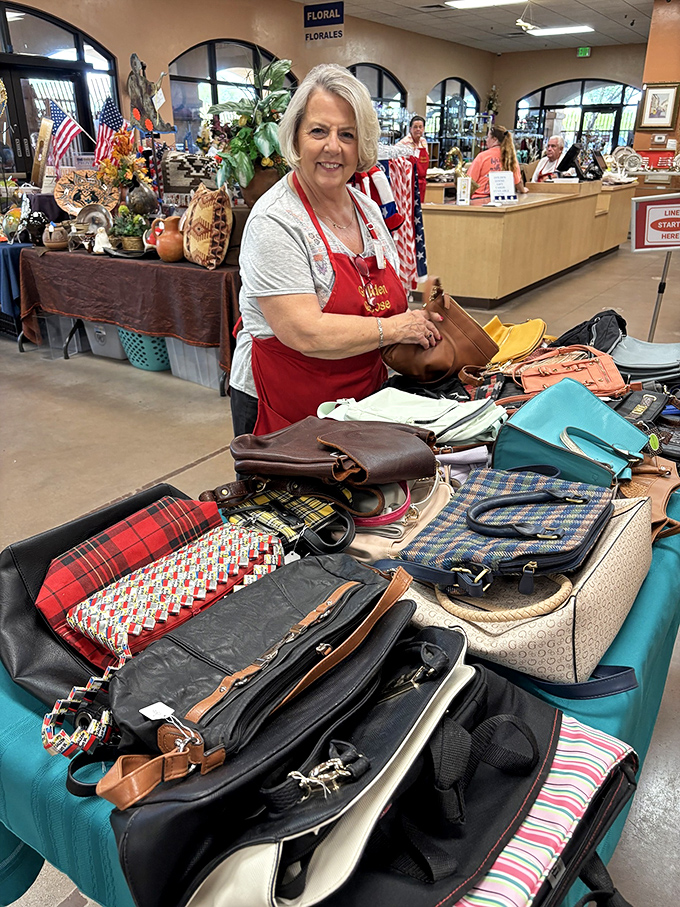 Handbag heaven! That leather tote might have once carried important documents to meetings; now it can carry your farmers market haul with vintage panache.