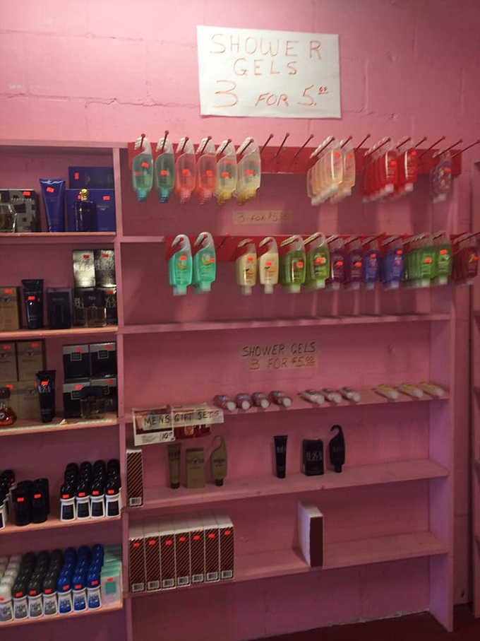 The pink wall of shower gels looks like it belongs in a Wes Anderson film. Three for five dollars? That's cheaper than one fancy coffee!