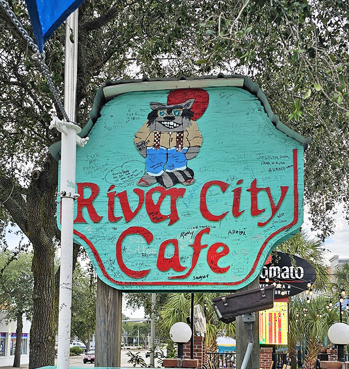 Their whimsical sign featuring a cool wolf mascot sets the tone: serious about burgers, not so serious about everything else.