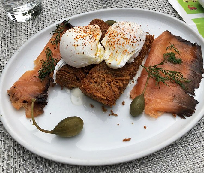 Smoked salmon pastrami with perfectly poached eggs—breakfast elevated to an art form that would make any New Yorker proud.