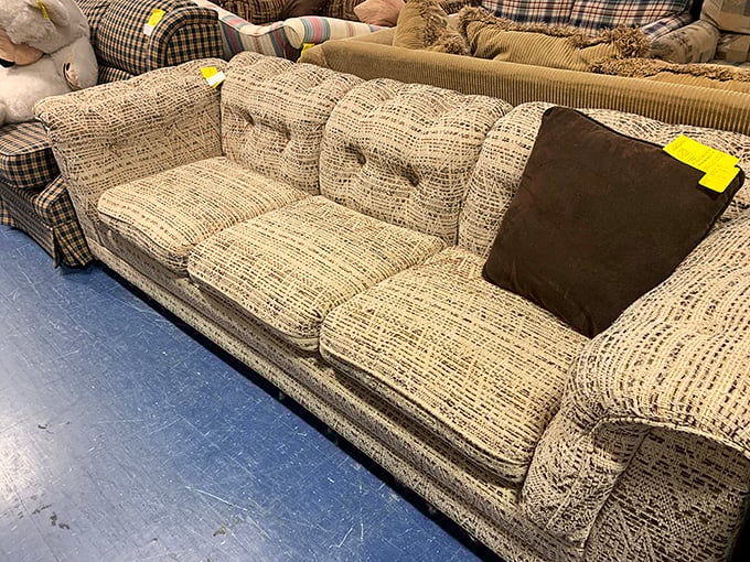 A textured sofa that's seen some stories but still has chapters to offer, priced less than what you'd spend on dinner for four.