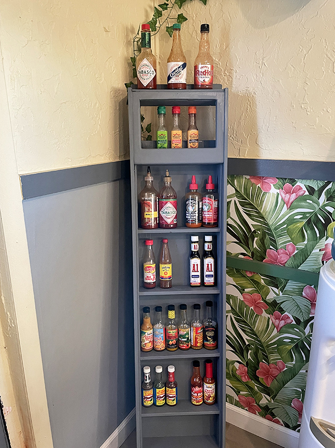 The condiment station&mdash;where hot sauce dreams come true. A rainbow of flavor enhancers for those who like to customize.