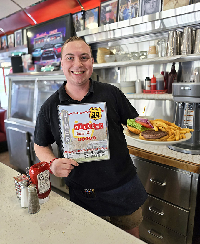 The friendly staff at Route 30 Diner serves up smiles as generously as the portions. That burger looks ready for its close-up!