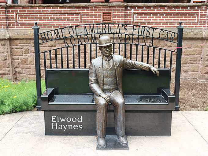 America's automotive history sits comfortably in bronze. Elwood Haynes looks like he's waiting for you to join him for a chat about carburetor designs.