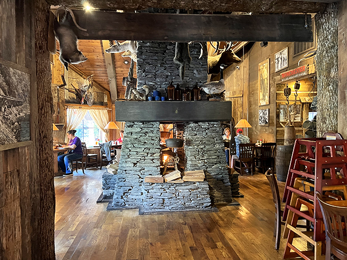 The heart of the restaurant&mdash;a magnificent stone fireplace that could tell tales of hungry hikers and vacation memories if only it could talk.