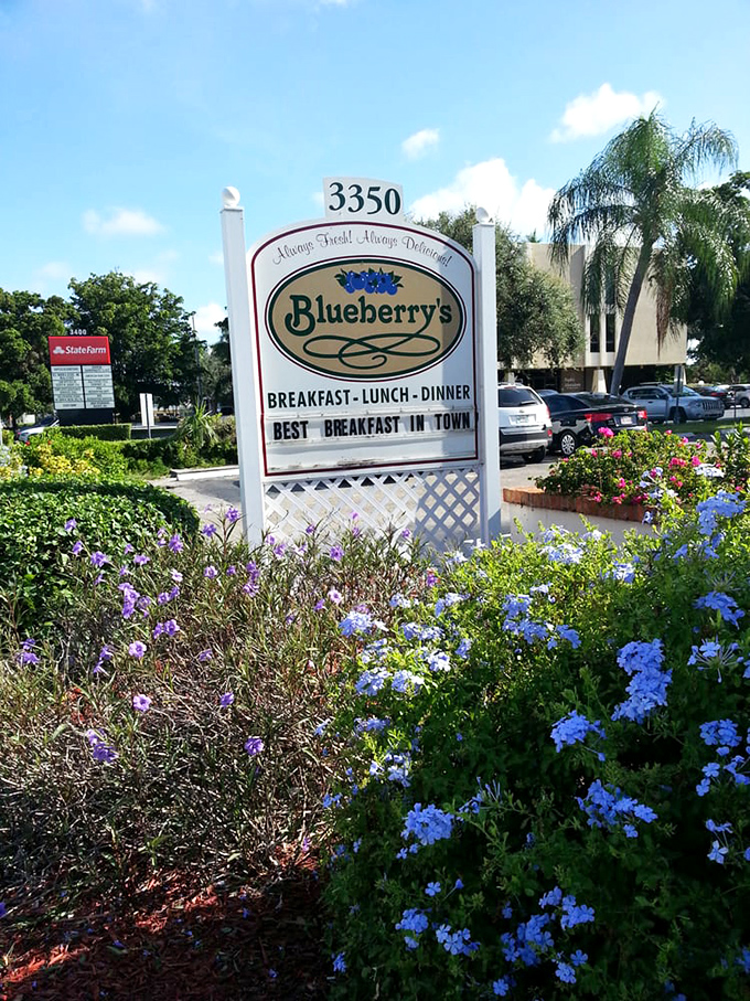 The sign proudly proclaiming "BEST BREAKFAST IN TOWN" surrounded by flowers that match the blueberry theme. Truth in advertising has never looked so pretty.
