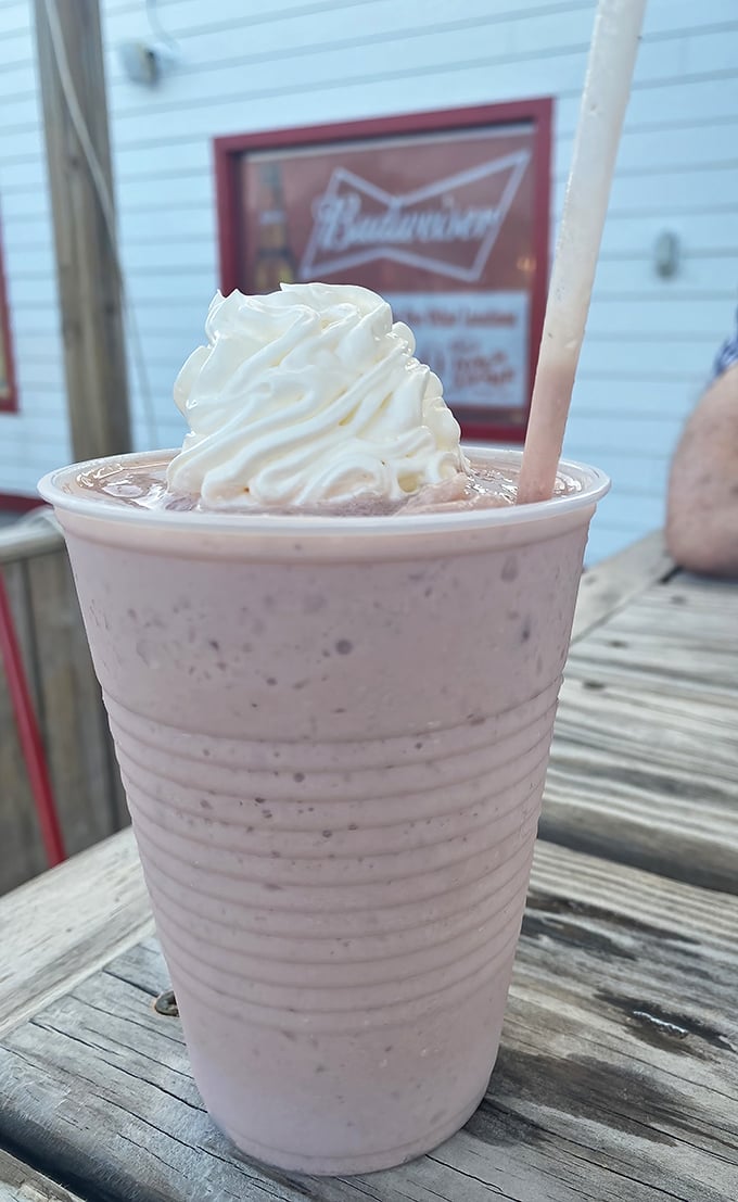 Not just a milkshake, but a riverside moment in a cup. Creamy strawberry goodness topped with whipped cream &ndash; summer in liquid form.