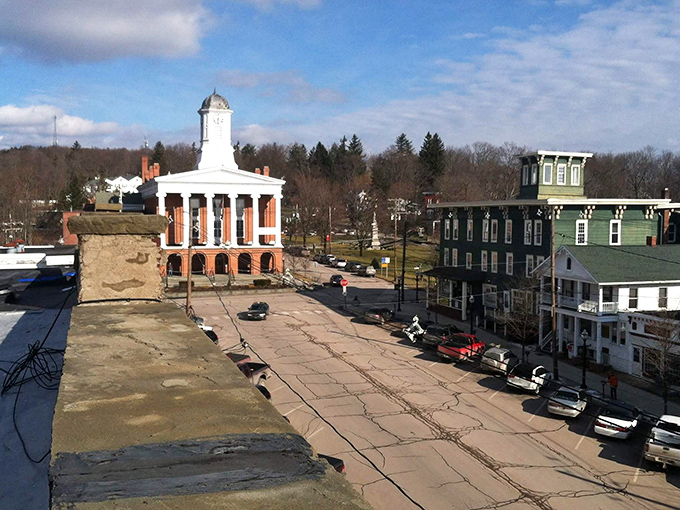 This aerial view captures downtown Montrose like a perfectly composed jigsaw puzzle of American heritage.