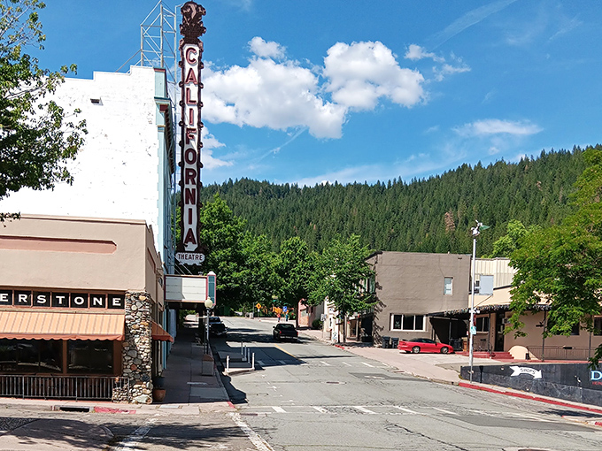 The California Theatre stands sentinel on Dunsmuir's main street, where movie tickets still cost less than the popcorn.