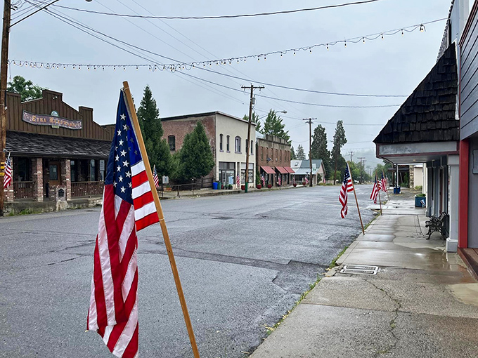 American flags line the streets like punctuation marks in Etna's ongoing story of small-town resilience and quiet patriotism.