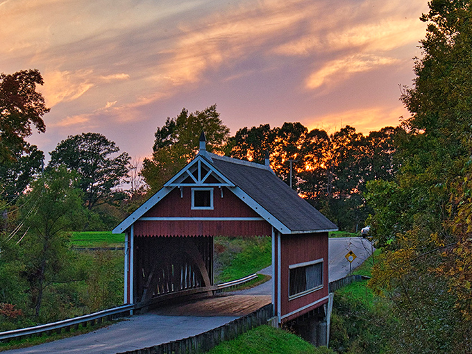 That sunset isn't showing off&mdash;it's simply giving the bridge the dramatic lighting it deserves after a long day of looking photogenic.