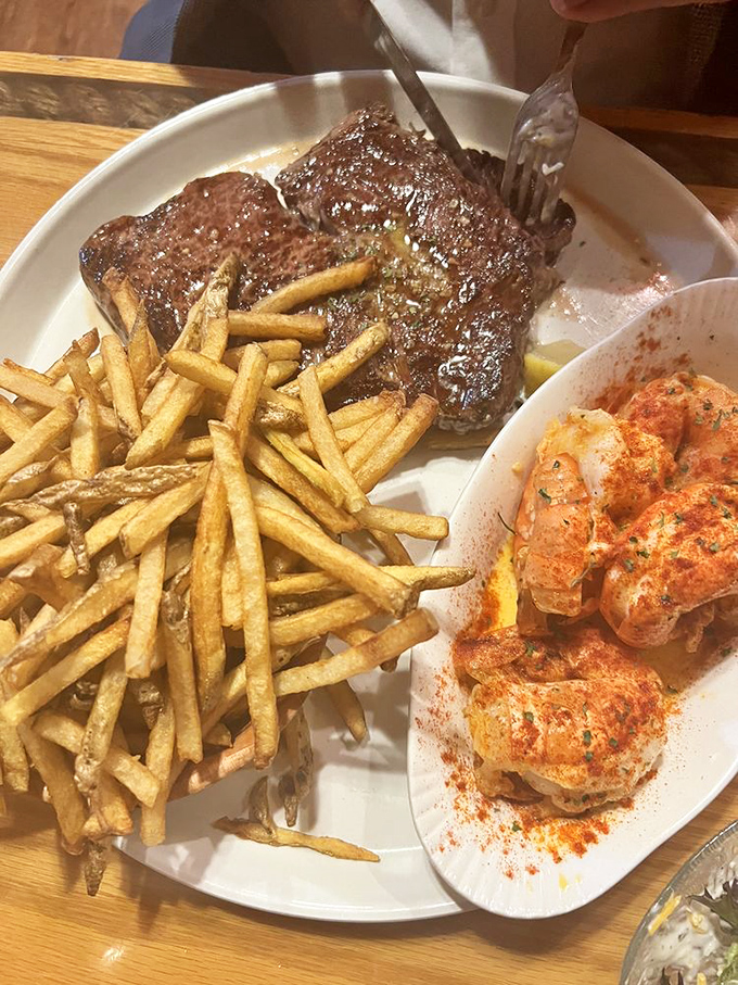 When land and sea join forces, magic happens. That steak looks ready for business, while those seasoned shrimp add a coastal exclamation point.