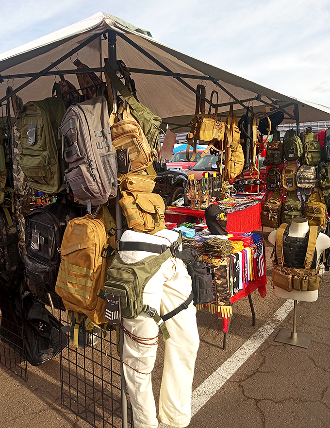 Tactical gear and military-style backpacks create a rugged outpost for outdoor enthusiasts and those preparing for zombie apocalypses alike.