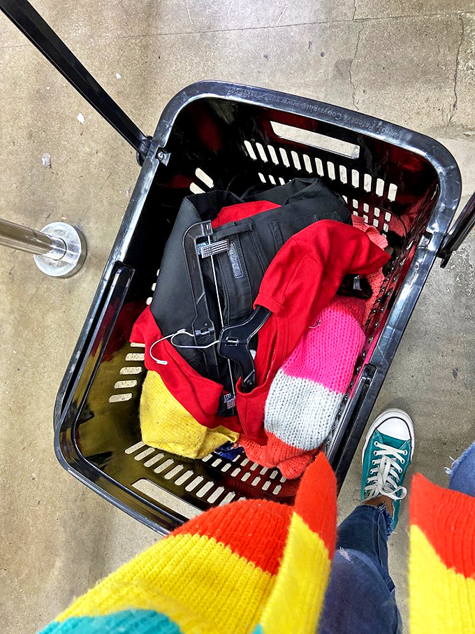 Your thrifting chariot awaits! Fill it with colorful treasures while sporting those rainbow socks that practically jumped into your basket.
