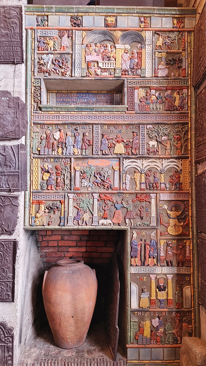 This isn't just decoration&mdash;it's storytelling in clay. Each colorful tile panel captures slices of American life with the charm of a folk art masterpiece. 