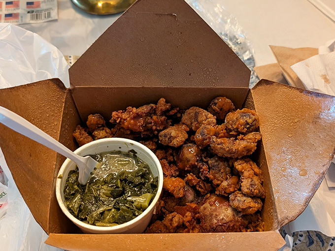 Soul food served with soul. When your meal comes in a box like this, you know you've found the real deal.