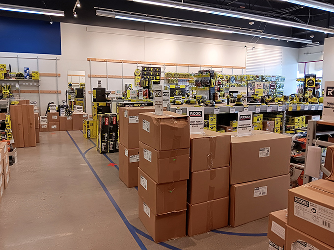 Tool heaven for DIY enthusiasts or people who just want to look handy. Those stacked boxes hold the promise of weekend projects.