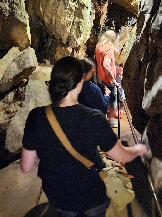 Sturdy railings guide visitors through chambers where stalactites and stalagmites have been playing the world's slowest game of tag.