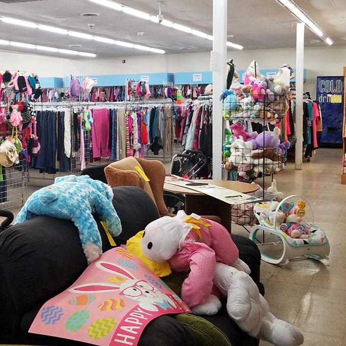 A couch adorned with stuffed animals and Easter decor&mdash;the seasonal section is where holidays past and future converge in plush harmony.