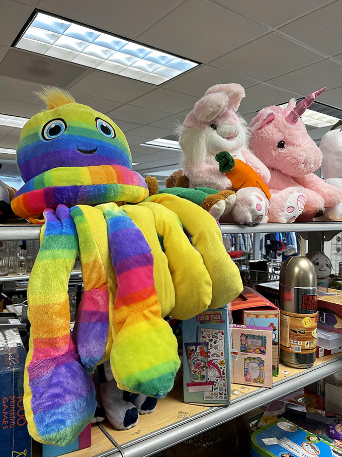 Plush paradise! This rainbow octopus and pink bunny friends are waiting for their forever homes &ndash; slightly loved but ready for new adventures.