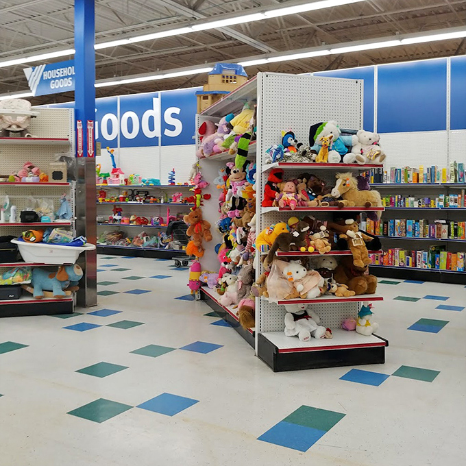 Stuffed animal safari! This menagerie of plush companions waits patiently for the next child who'll give them a forever home and countless hugs.