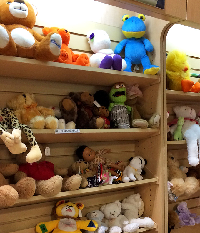 The stuffed animal section&mdash;where previously loved teddy bears and colorful creatures await new hugs from the next generation.