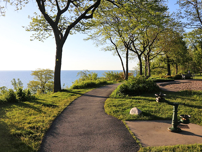 Lakeside paths wind through sun-dappled greenery, offering glimpses of blue between the trees. Nature's gallery walk, where every turn frames another masterpiece of Midwestern coastal beauty.