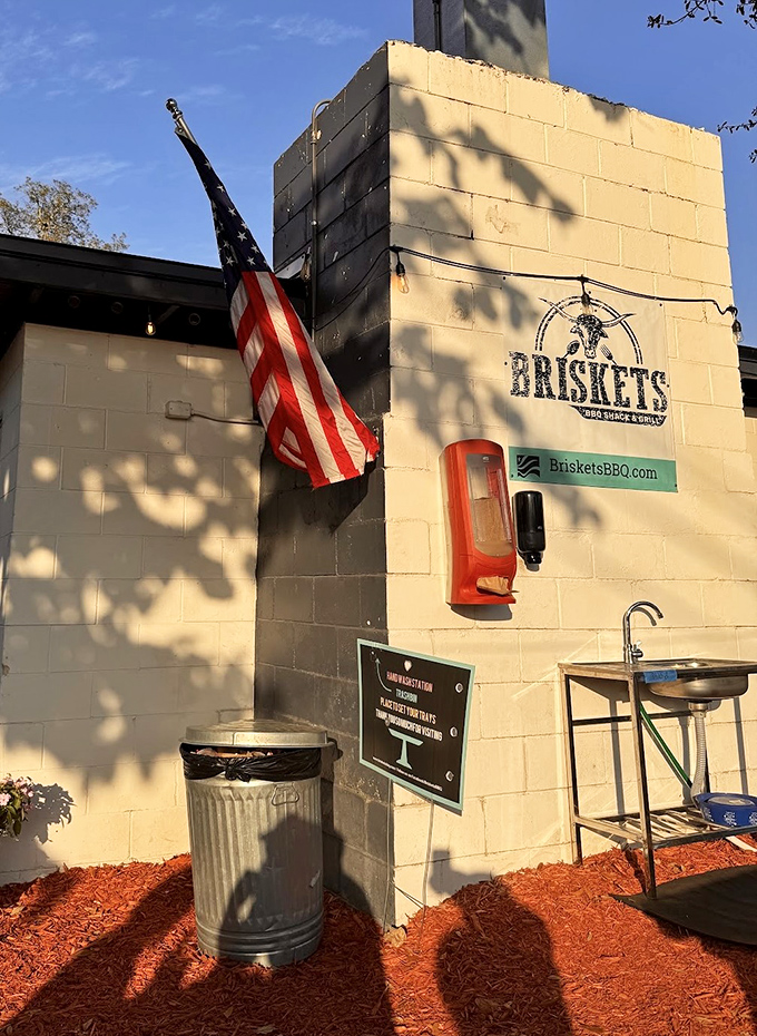 Even the exterior details show pride of place &ndash; an American flag waving proudly beside the Briskets logo. Patriotism and good eating unite.