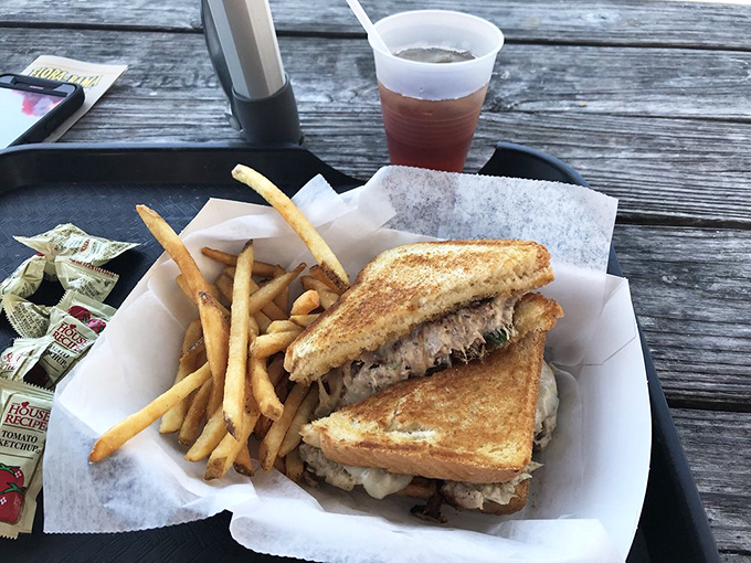 The humble tuna melt, elevated to art form. Between those perfectly grilled slices lies the taste of coastal comfort that haunts your dreams.