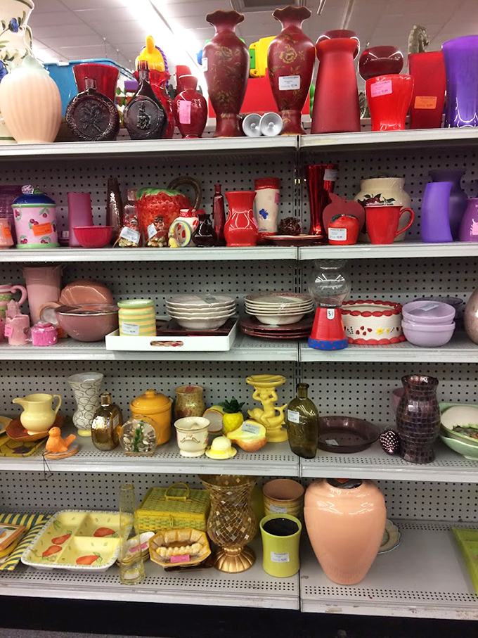 Decorative vases stand like colorful sentries, waiting to brighten someone's dining room table.