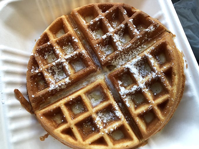 Waffle architecture at its finest &ndash; those perfect squares creating syrup reservoirs while a dusting of powdered sugar adds that touch of breakfast elegance.