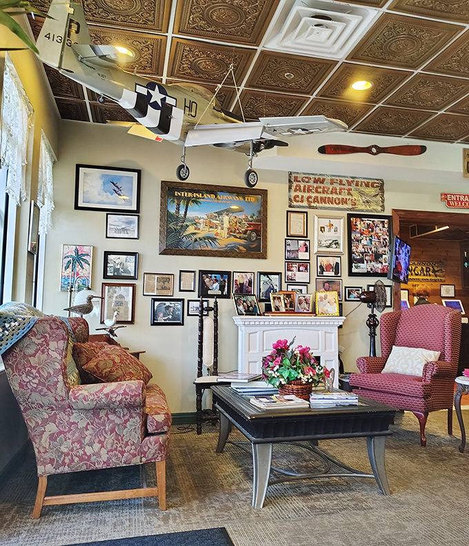 The waiting area feels like stepping into someone's living room, complete with aviation memorabilia and comfortable chairs that invite you to stay awhile.