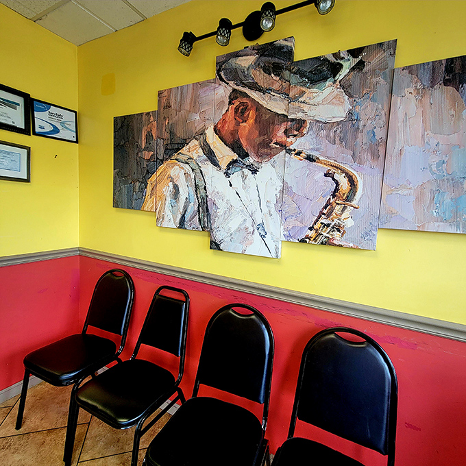 Art meets appetite with this striking saxophone player painting&mdash;the perfect backdrop for contemplating your next soul food move.