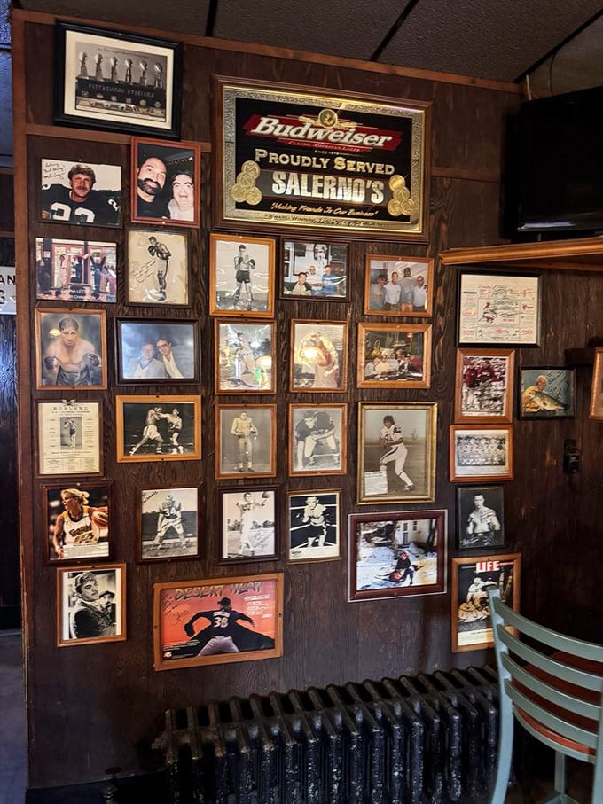 The wall of fame showcases local heroes and sports legends, creating a community tapestry that's been woven over decades of good meals.